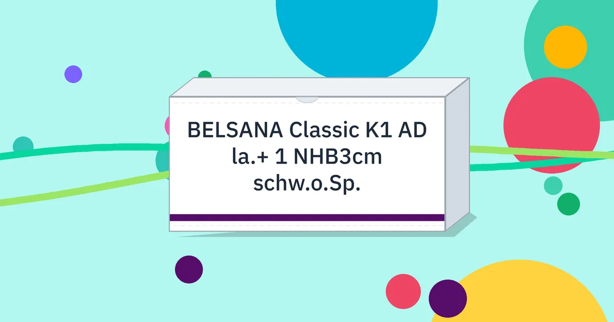 Symbolbild: Packung mit der Aufschrift BELSANA Classic K1 AD la.+ 1 NHB3cm schw.o.Sp. (PZN 19254080) – Verfügbarkeit und Bezug in Apotheken in Frankfurt am Main
