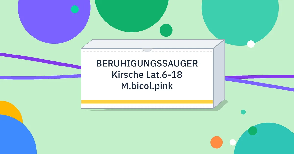 Symbolbild: Packung mit der Aufschrift BERUHIGUNGSSAUGER Kirsche Lat.6-18 M.bicol.pink (PZN 04793144) – Verfügbarkeit und Bezug in Apotheken in Frankfurt am Main