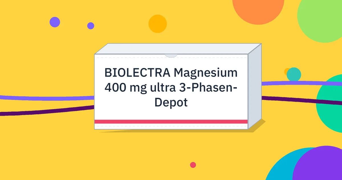 Symbolbild: Packung mit der Aufschrift BIOLECTRA Magnesium 400 mg ultra 3-Phasen-Depot (PZN 16604993) – Verfügbarkeit und Bezug in Apotheken in Frankfurt am Main