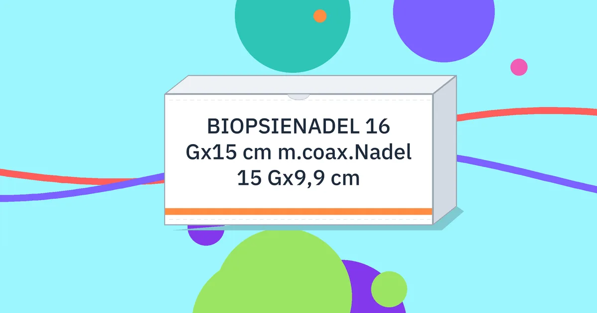 Symbolbild: Packung mit der Aufschrift BIOPSIENADEL 16 Gx15 cm m.coax.Nadel 15 Gx9,9 cm (PZN 12570872) – Verfügbarkeit und Bezug in Apotheken in Frankfurt am Main