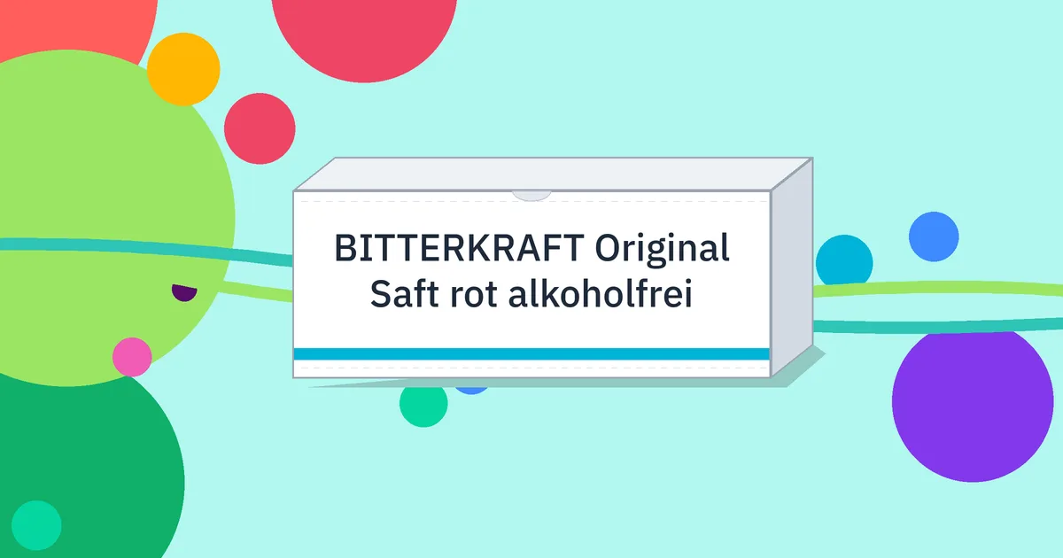 Symbolbild: Packung mit der Aufschrift BITTERKRAFT Original Saft rot alkoholfrei (PZN 17367756) – Verfügbarkeit und Bezug in Apotheken in Frankfurt am Main