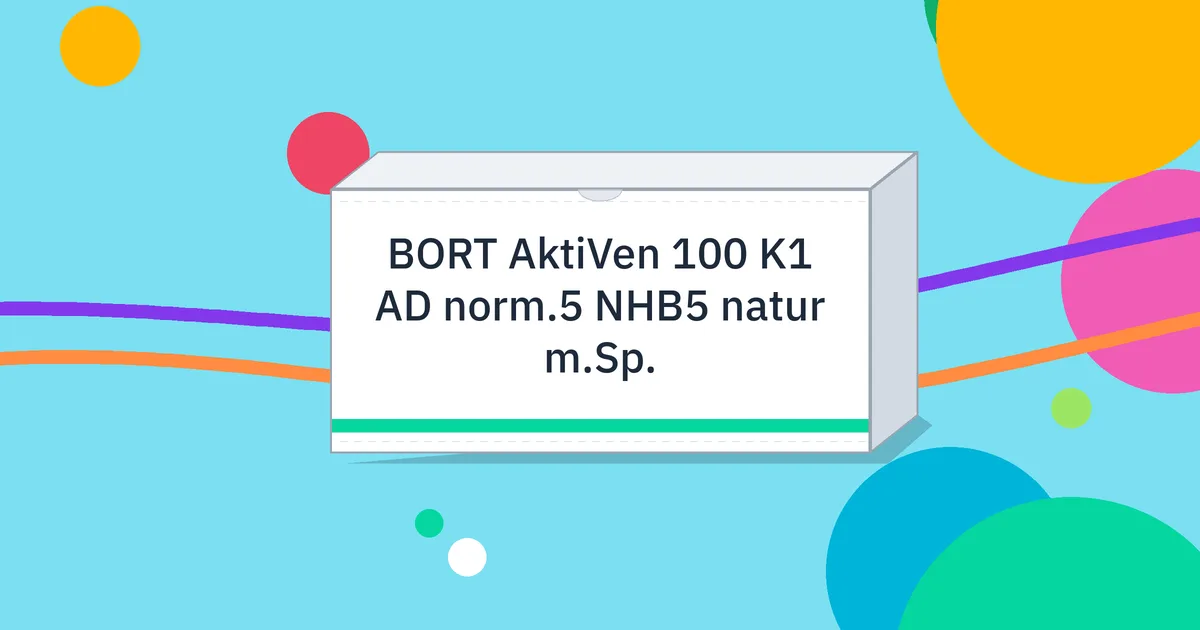 Symbolbild: Packung mit der Aufschrift BORT AktiVen 100 K1 AD norm.5 NHB5 natur m.Sp. (PZN 17493662) – Verfügbarkeit und Bezug in Apotheken in Frankfurt am Main