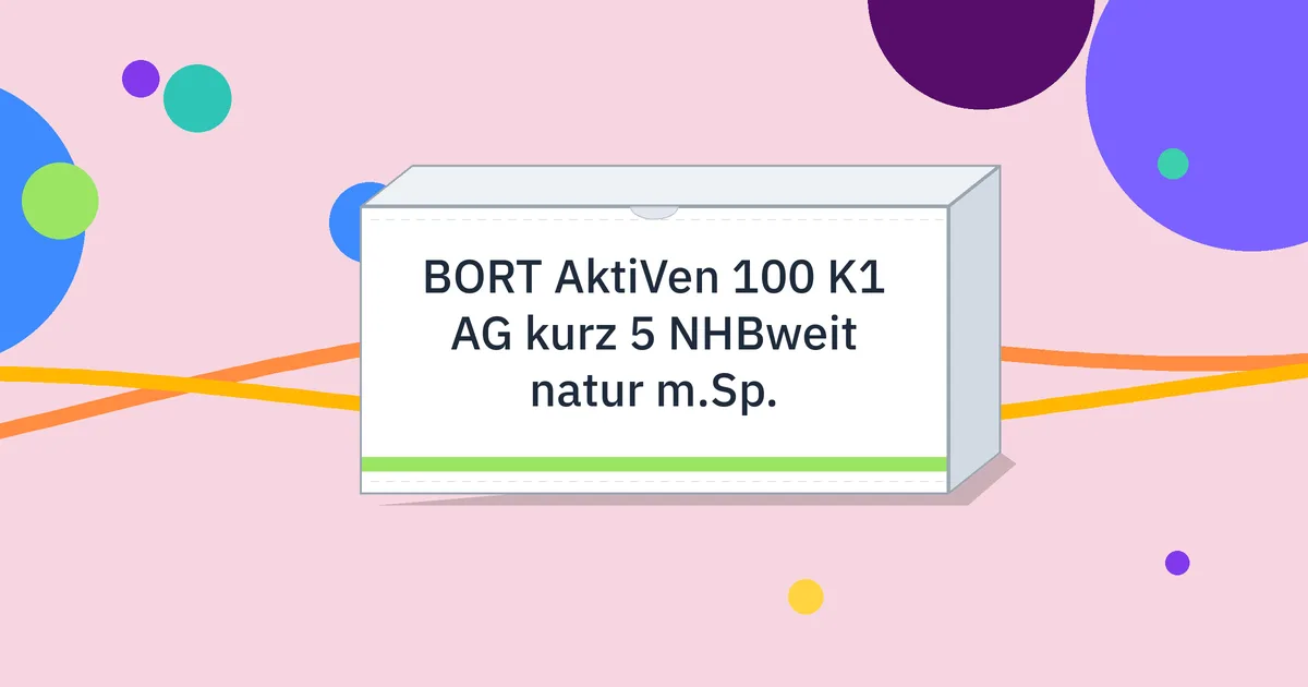 Symbolbild: Packung mit der Aufschrift BORT AktiVen 100 K1 AG kurz 5 NHBweit natur m.Sp. (PZN 13729990) – Verfügbarkeit und Bezug in Apotheken in Frankfurt am Main