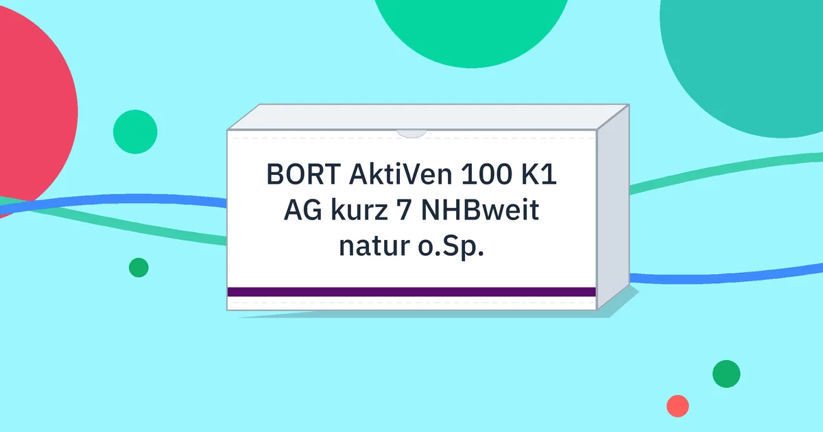 Symbolbild: Packung mit der Aufschrift BORT AktiVen 100 K1 AG kurz 7 NHBweit natur o.Sp. (PZN 13729671) – Verfügbarkeit und Bezug in Apotheken in Frankfurt am Main