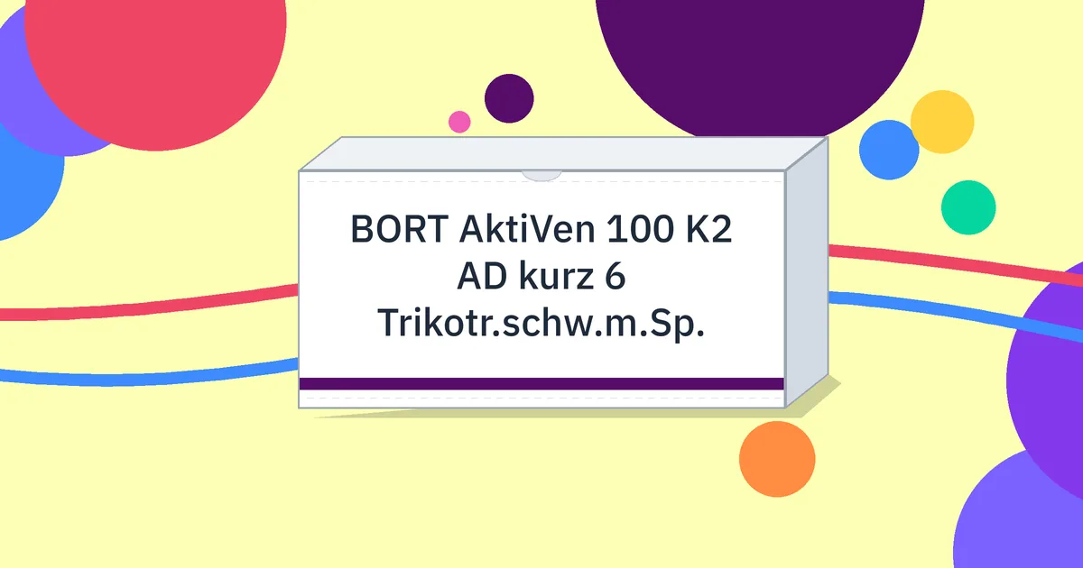 Symbolbild: Packung mit der Aufschrift BORT AktiVen 100 K2 AD kurz 6 Trikotr.schw.m.Sp. (PZN 14386842) – Verfügbarkeit und Bezug in Apotheken in Frankfurt am Main