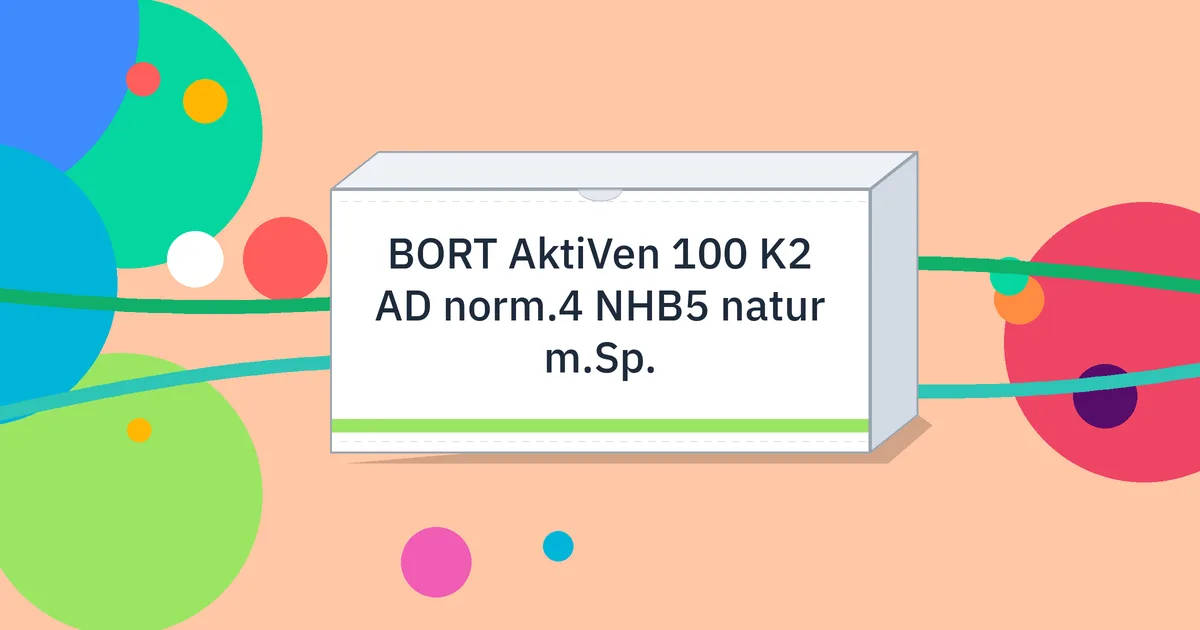 Symbolbild: Packung mit der Aufschrift BORT AktiVen 100 K2 AD norm.4 NHB5 natur m.Sp. (PZN 17493981) – Verfügbarkeit und Bezug in Apotheken in Frankfurt am Main