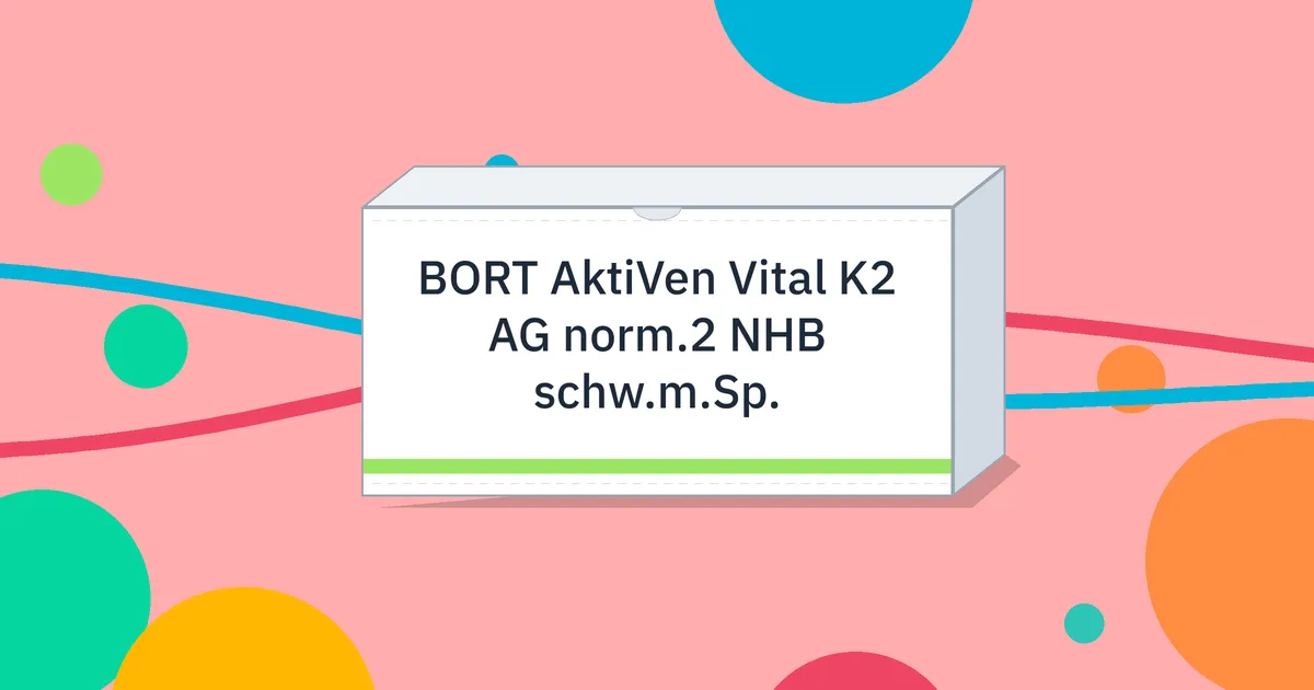 Symbolbild: Packung mit der Aufschrift BORT AktiVen Vital K2 AG norm.2 NHB schw.m.Sp. (PZN 12384980) – Verfügbarkeit und Bezug in Apotheken in Frankfurt am Main