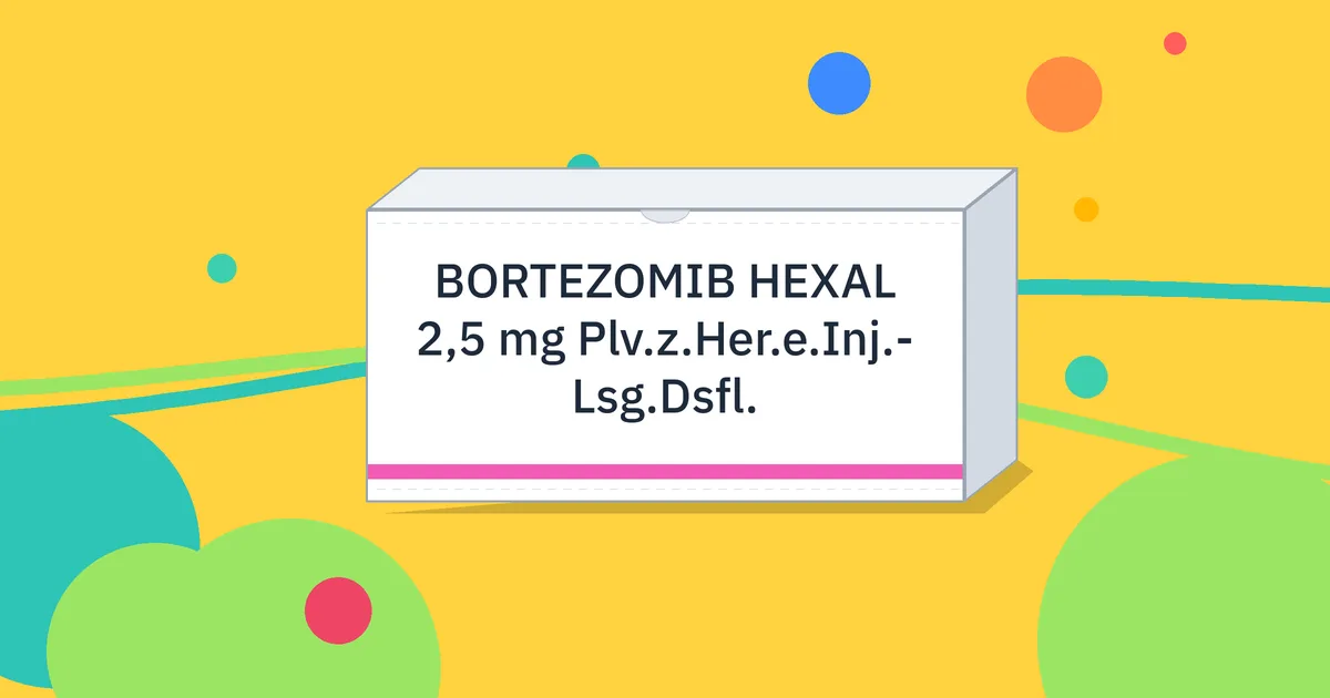 Symbolbild: Packung mit der Aufschrift BORTEZOMIB HEXAL 2,5 mg Plv.z.Her.e.Inj.-Lsg.Dsfl. (PZN 16358413) – Verfügbarkeit und Bezug in Apotheken in Frankfurt am Main
