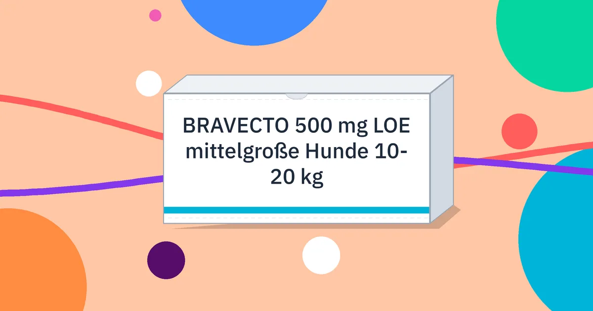 Symbolbild: Packung mit der Aufschrift BRAVECTO 500 mg LOE mittelgroße Hunde 10-20 kg (PZN 12395239) – Verfügbarkeit und Bezug in Apotheken in Frankfurt am Main