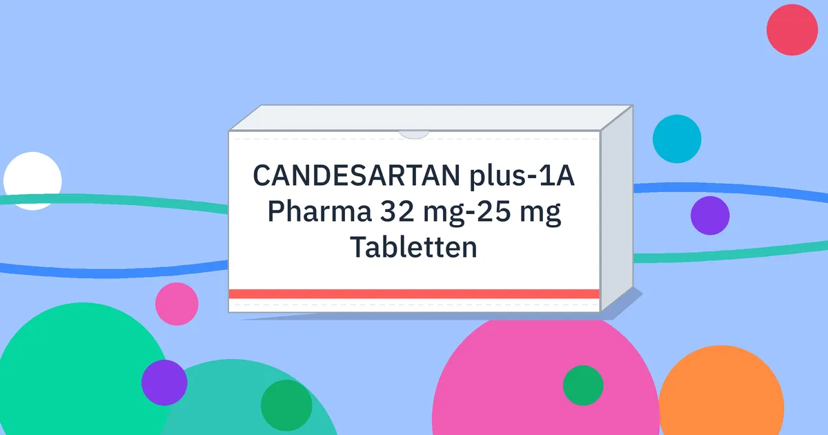 Symbolbild: Packung mit der Aufschrift CANDESARTAN plus-1A Pharma 32 mg-25 mg Tabletten (PZN 06077009) – Verfügbarkeit und Bezug in Apotheken in Frankfurt am Main
