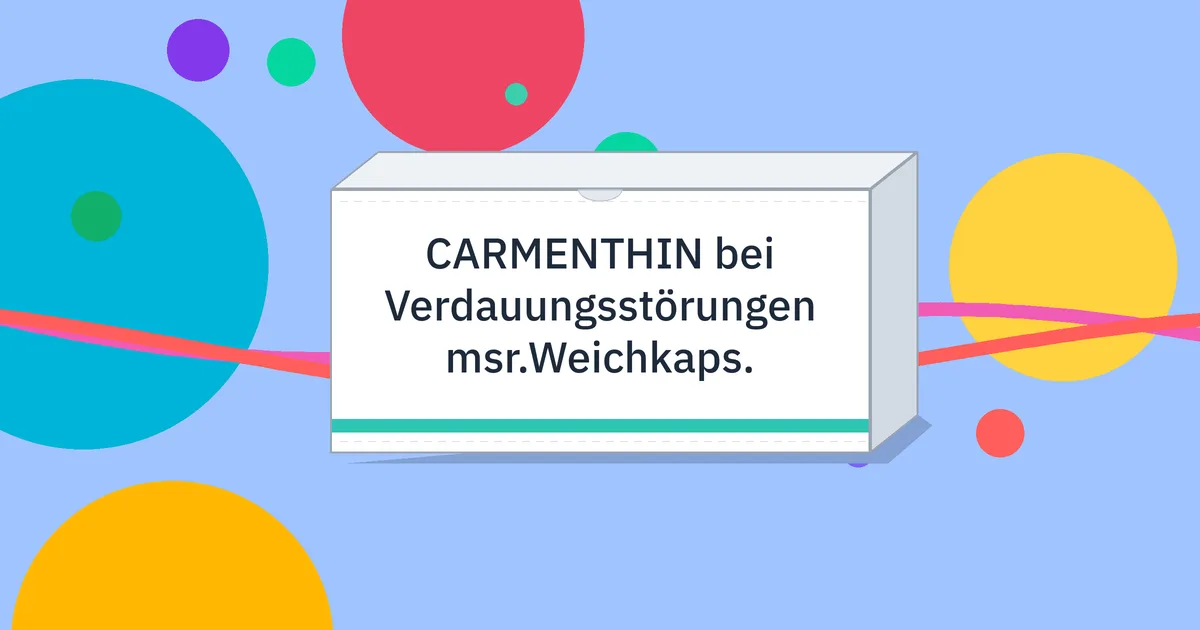 Symbolbild: Packung mit der Aufschrift CARMENTHIN bei Verdauungsstörungen msr.Weichkaps. (PZN 10327601) – Verfügbarkeit und Bezug in Apotheken in Frankfurt am Main