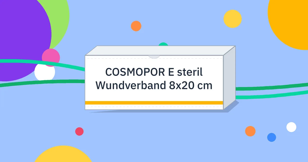 Symbolbild: Packung mit der Aufschrift COSMOPOR E steril Wundverband 8x20 cm (PZN 18469890) – Verfügbarkeit und Bezug in Apotheken in Frankfurt am Main