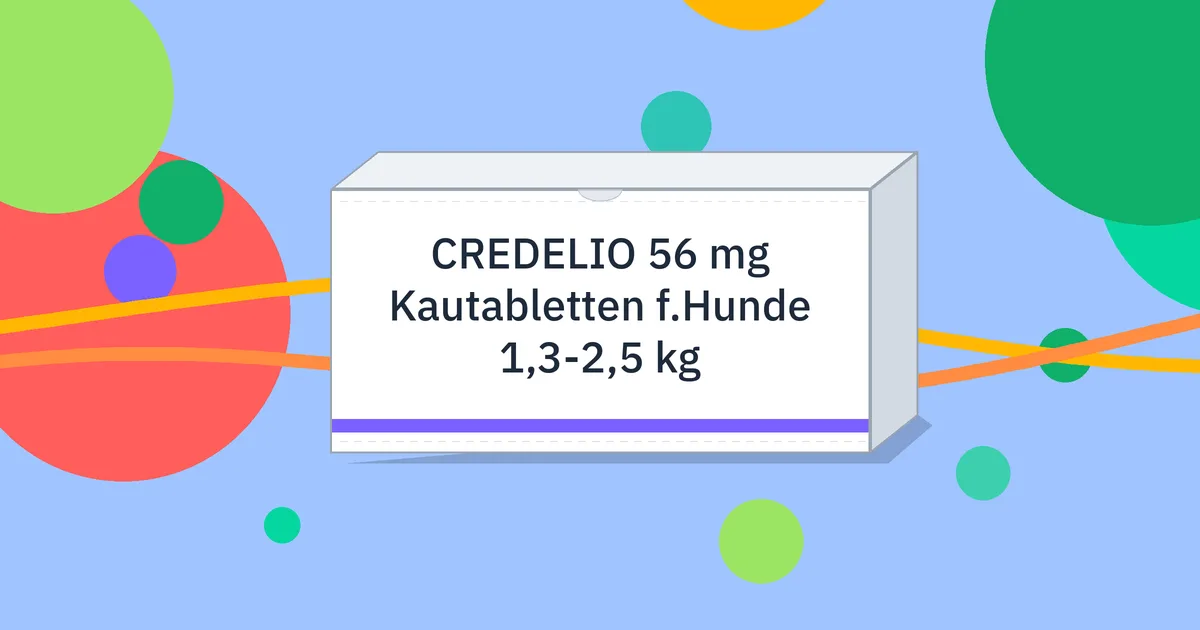 Symbolbild: Packung mit der Aufschrift CREDELIO 56 mg Kautabletten f.Hunde 1,3-2,5 kg (PZN 14371579) – Verfügbarkeit und Bezug in Apotheken in Frankfurt am Main