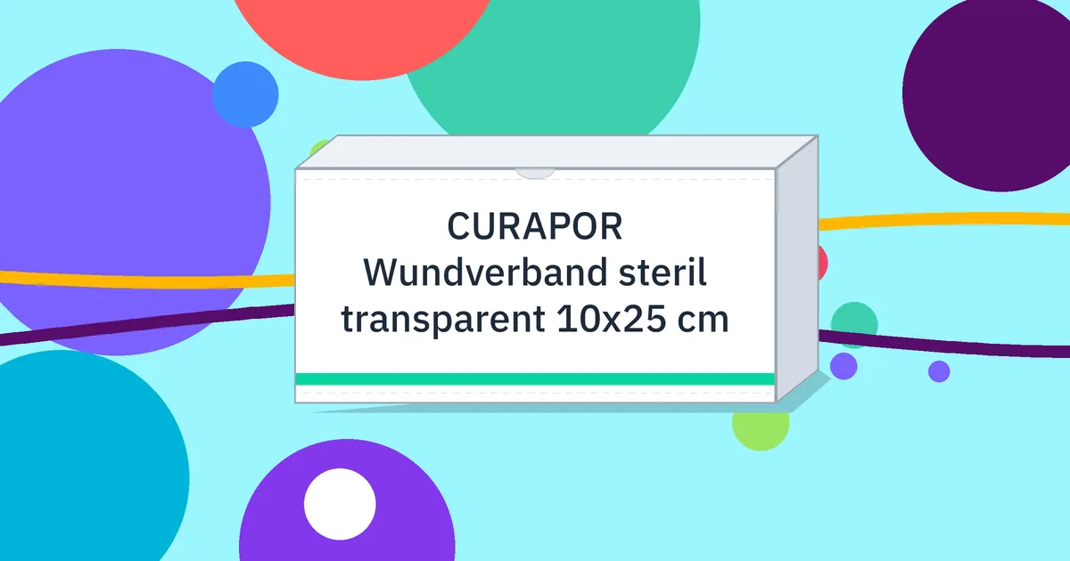 Symbolbild: Packung mit der Aufschrift CURAPOR Wundverband steril transparent 10x25 cm (PZN 19699698) – Verfügbarkeit und Bezug in Apotheken in Frankfurt am Main