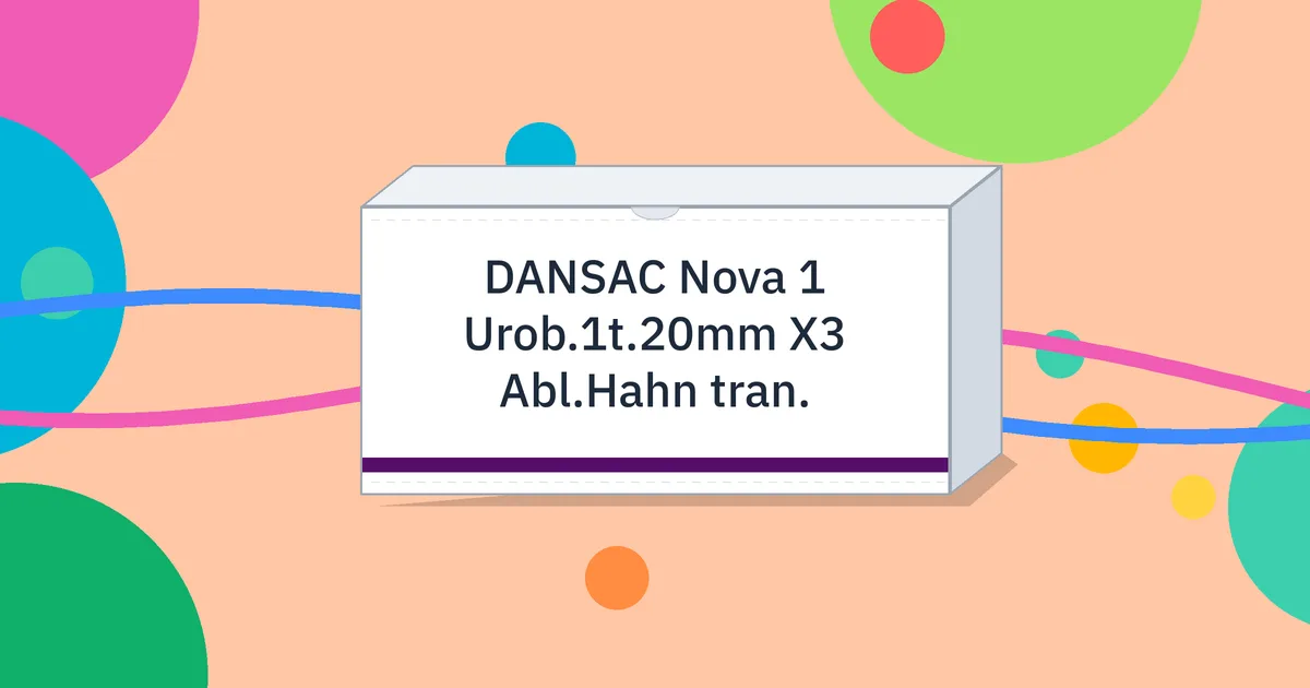 Symbolbild: Packung mit der Aufschrift DANSAC Nova 1 Urob.1t.20mm X3 Abl.Hahn tran. (PZN 04241982) – Verfügbarkeit und Bezug in Apotheken in Frankfurt am Main