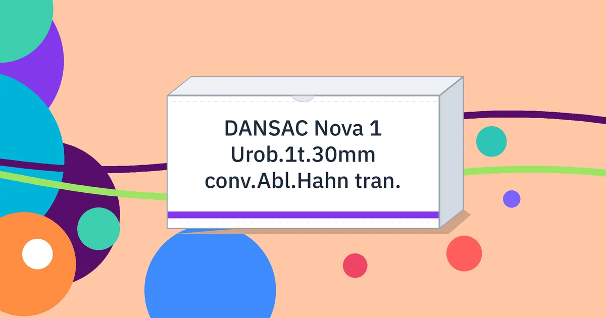 Symbolbild: Packung mit der Aufschrift DANSAC Nova 1 Urob.1t.30mm conv.Abl.Hahn tran. (PZN 04516982) – Verfügbarkeit und Bezug in Apotheken in Frankfurt am Main