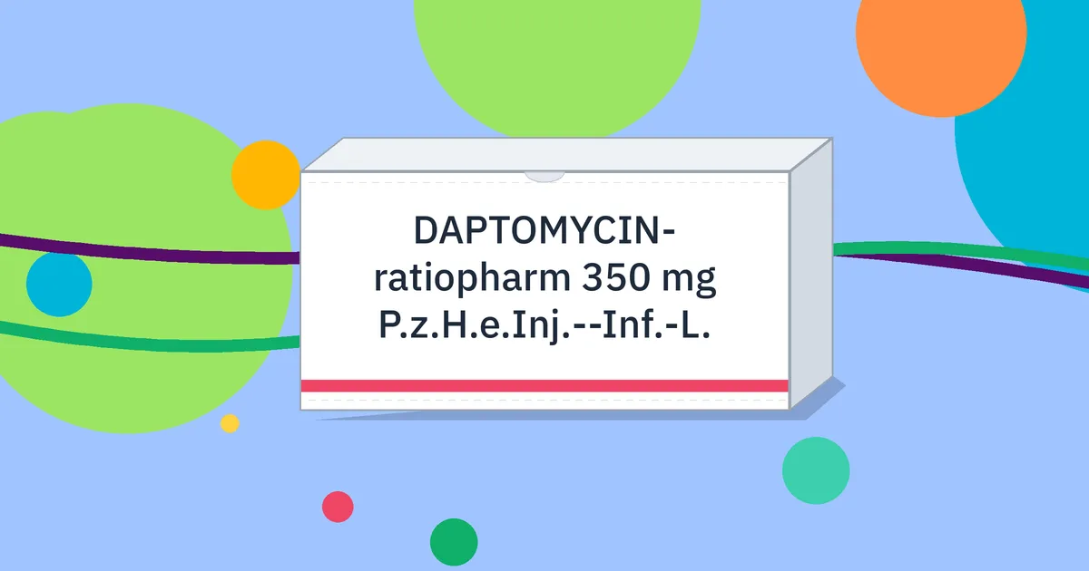 Symbolbild: Packung mit der Aufschrift DAPTOMYCIN-ratiopharm 350 mg P.z.H.e.Inj.--Inf.-L. (PZN 13819049) – Verfügbarkeit und Bezug in Apotheken in Frankfurt am Main