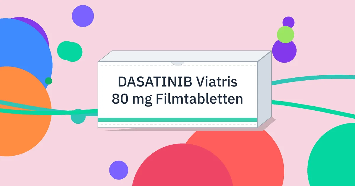 Symbolbild: Packung mit der Aufschrift DASATINIB Viatris 80 mg Filmtabletten (PZN 18274749) – Verfügbarkeit und Bezug in Apotheken in Frankfurt am Main