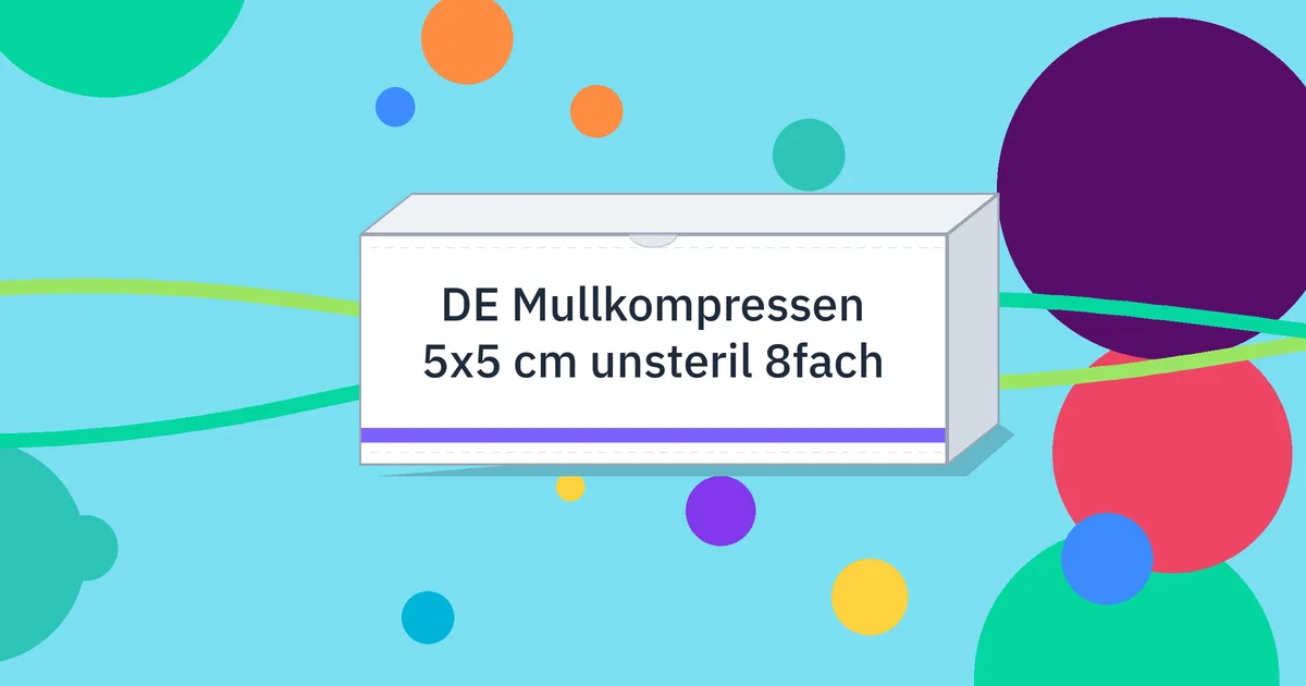 Symbolbild: Packung mit der Aufschrift DE Mullkompressen 5x5 cm unsteril 8fach (PZN 03228092) – Verfügbarkeit und Bezug in Apotheken in Frankfurt am Main