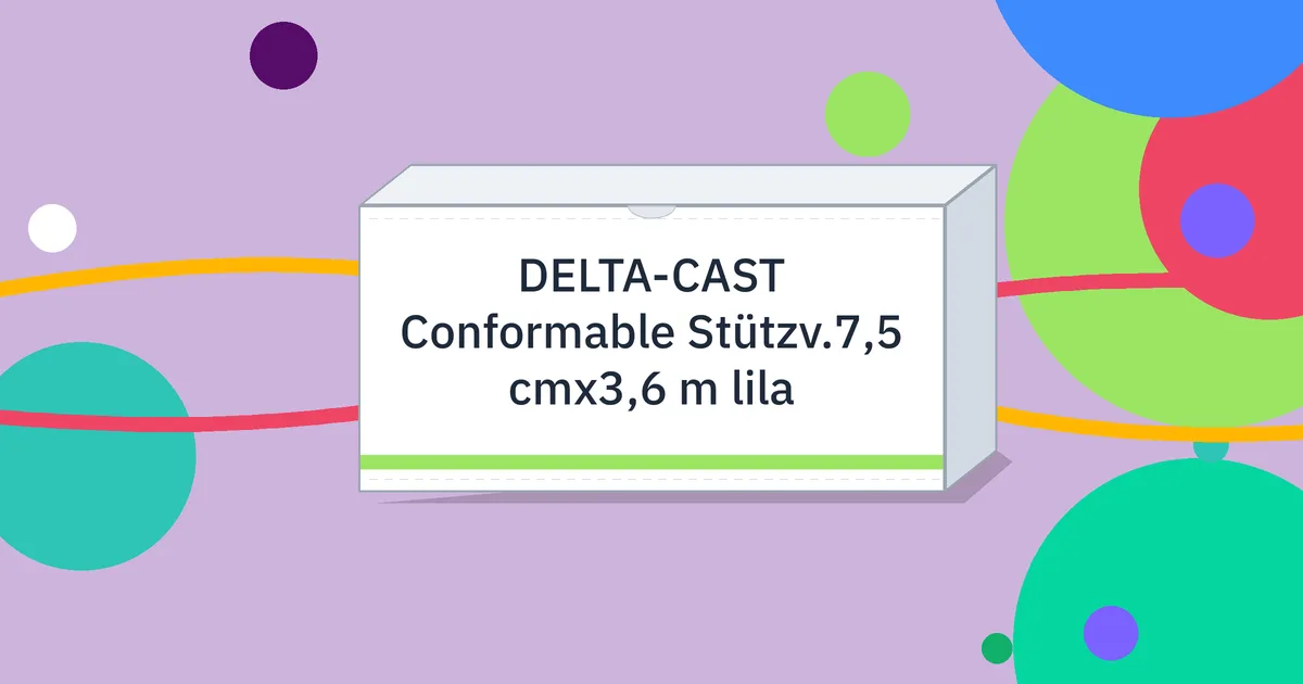 Symbolbild: Packung mit der Aufschrift DELTA-CAST Conformable Stützv.7,5 cmx3,6 m lila (PZN 01426913) – Verfügbarkeit und Bezug in Apotheken in Frankfurt am Main