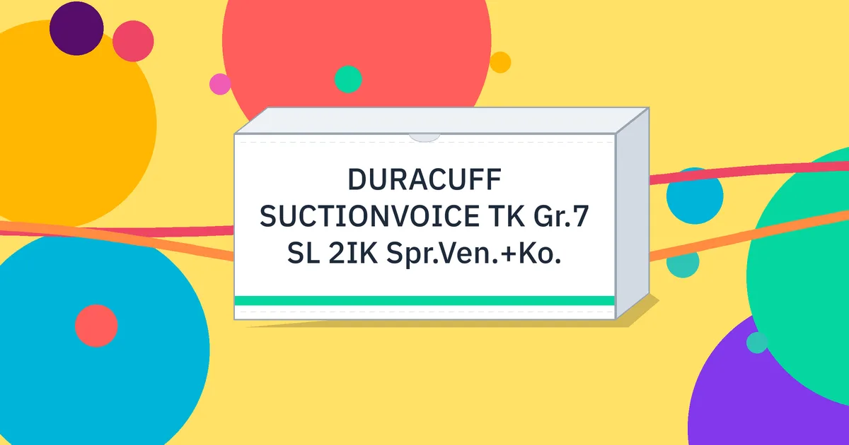 Symbolbild: Packung mit der Aufschrift DURACUFF SUCTIONVOICE TK Gr.7 SL 2IK Spr.Ven.+Ko. (PZN 04959981) – Verfügbarkeit und Bezug in Apotheken in Frankfurt am Main