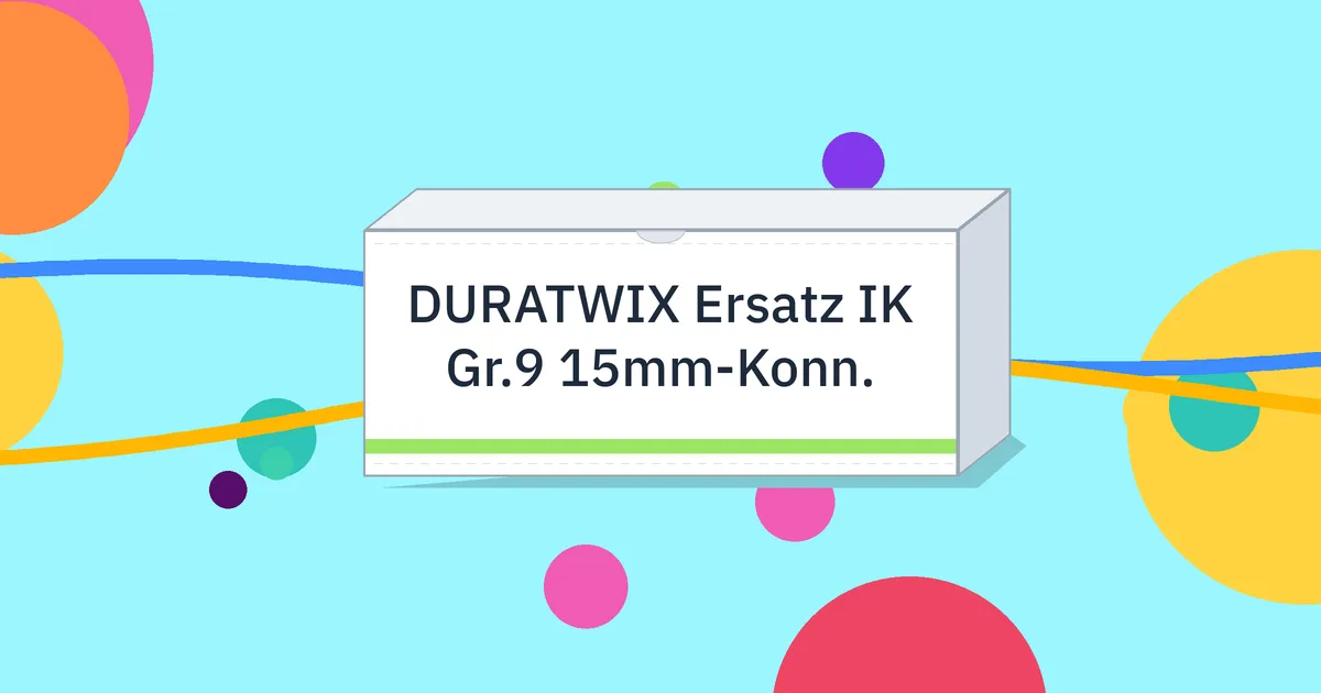 Symbolbild: Packung mit der Aufschrift DURATWIX Ersatz IK Gr.9 15mm-Konn. (PZN 06976593) – Verfügbarkeit und Bezug in Apotheken in Frankfurt am Main