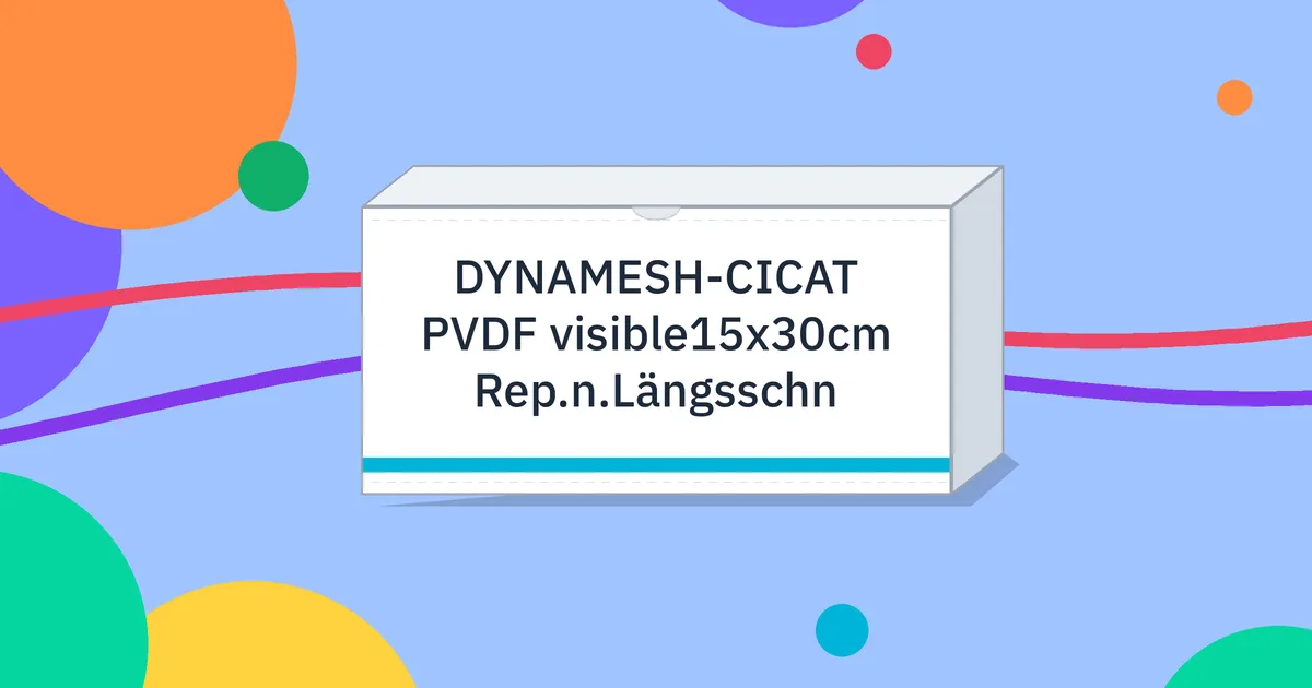 Symbolbild: Packung mit der Aufschrift DYNAMESH-CICAT PVDF visible15x30cm Rep.n.Längsschn (PZN 19389704) – Verfügbarkeit und Bezug in Apotheken in Frankfurt am Main