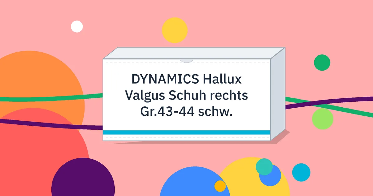 Symbolbild: Packung mit der Aufschrift DYNAMICS Hallux Valgus Schuh rechts Gr.43-44 schw. (PZN 10632698) – Verfügbarkeit und Bezug in Apotheken in Frankfurt am Main