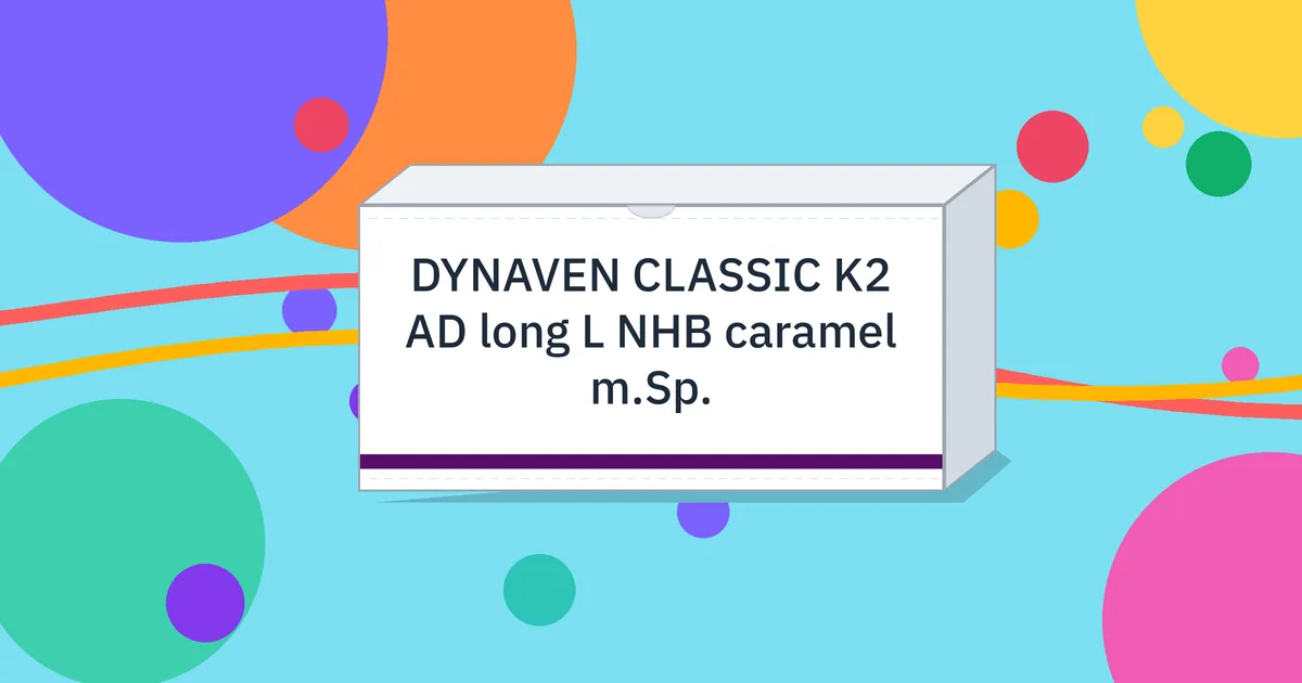 Symbolbild: Packung mit der Aufschrift DYNAVEN CLASSIC K2 AD long L NHB caramel m.Sp. (PZN 18418154) – Verfügbarkeit und Bezug in Apotheken in Frankfurt am Main