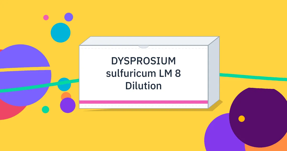 Symbolbild: Packung mit der Aufschrift DYSPROSIUM sulfuricum LM 8 Dilution (PZN 13467892) – Verfügbarkeit und Bezug in Apotheken in Frankfurt am Main