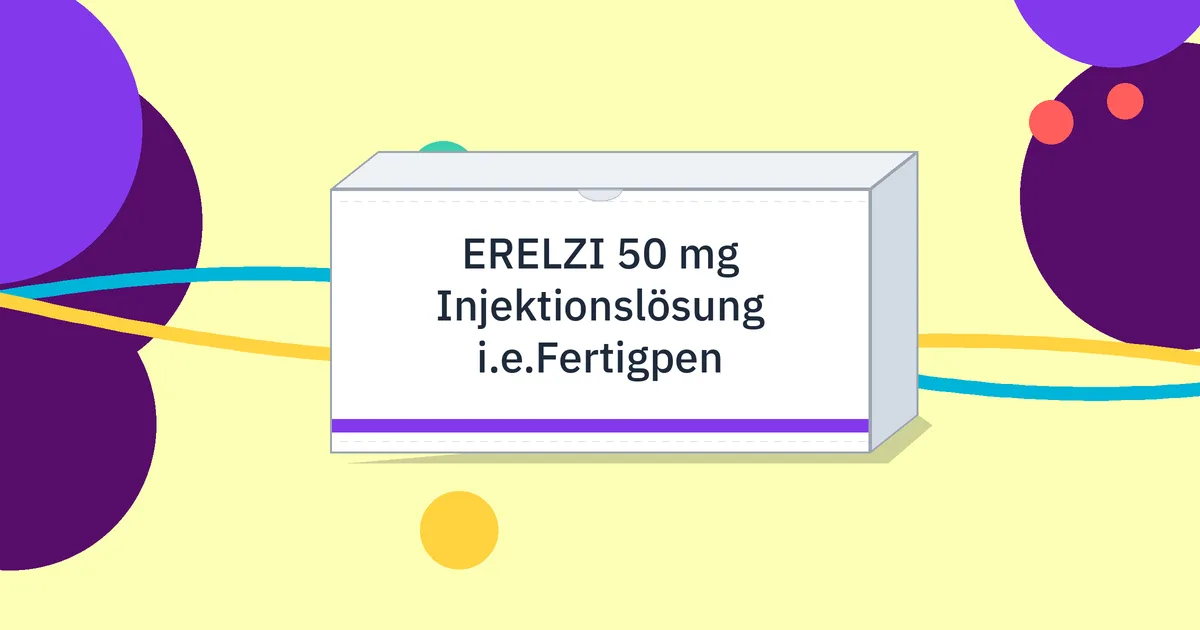 Symbolbild: Packung mit der Aufschrift ERELZI 50 mg Injektionslösung i.e.Fertigpen (PZN 14212266) – Verfügbarkeit und Bezug in Apotheken in Frankfurt am Main