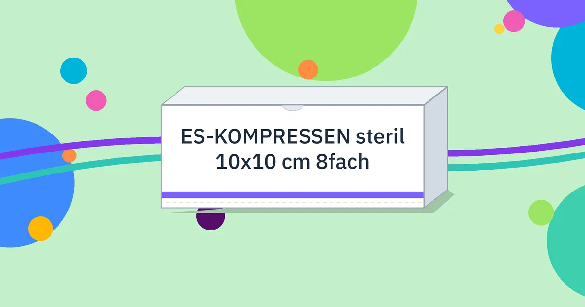 Symbolbild: Packung mit der Aufschrift ES-KOMPRESSEN steril 10x10 cm 8fach (PZN 15824617) – Verfügbarkeit und Bezug in Apotheken in Frankfurt am Main