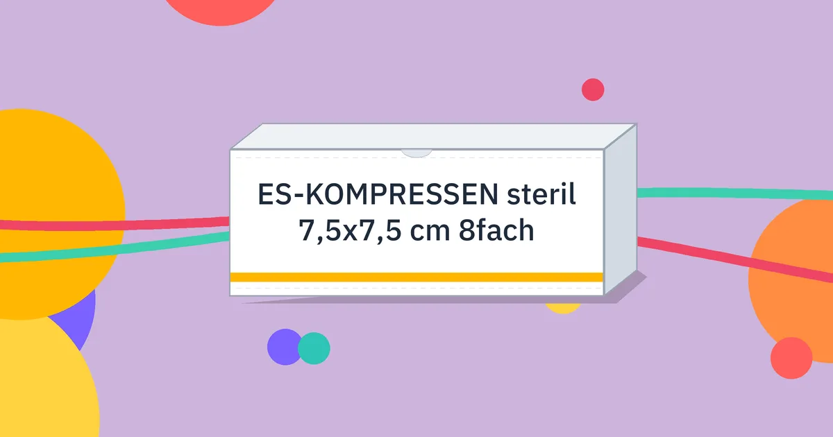 Symbolbild: Packung mit der Aufschrift ES-KOMPRESSEN steril 7,5x7,5 cm 8fach (PZN 19745837) – Verfügbarkeit und Bezug in Apotheken in Frankfurt am Main