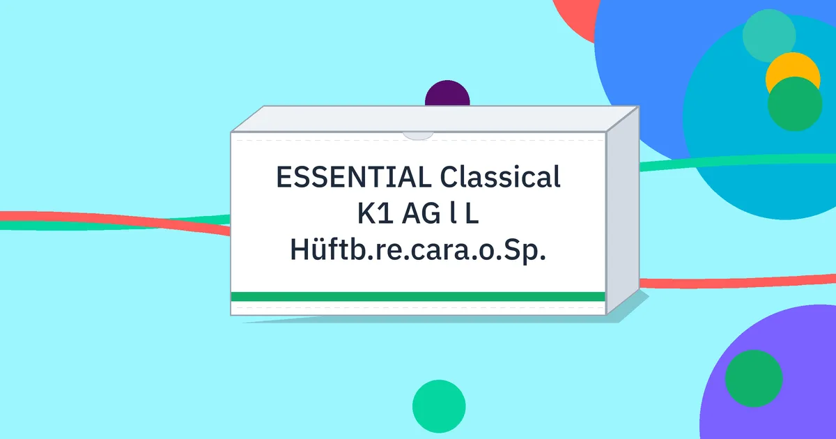 Symbolbild: Packung mit der Aufschrift ESSENTIAL Classical K1 AG l L Hüftb.re.cara.o.Sp. (PZN 17011717) – Verfügbarkeit und Bezug in Apotheken in Frankfurt am Main