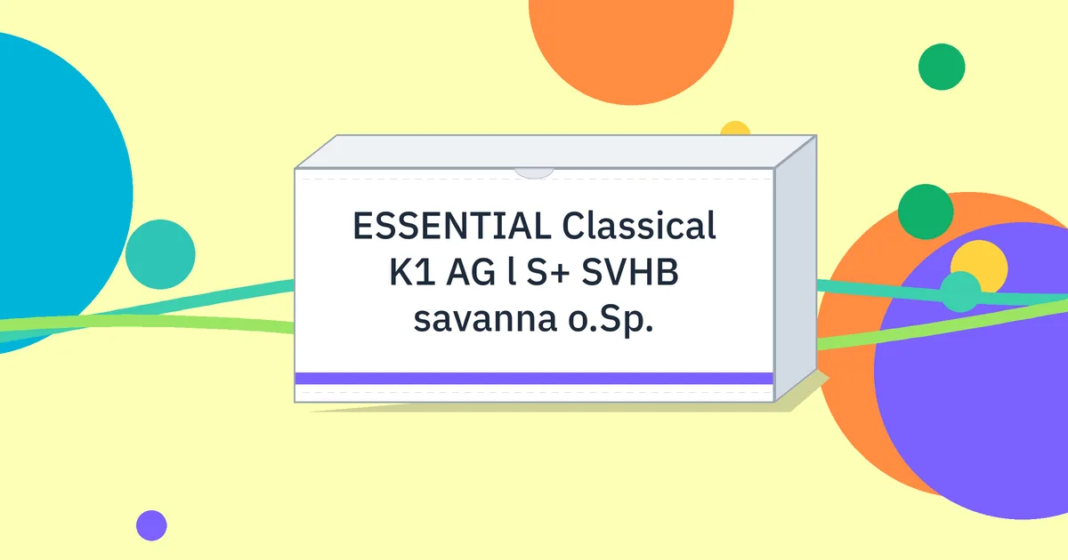Symbolbild: Packung mit der Aufschrift ESSENTIAL Classical K1 AG l S+ SVHB savanna o.Sp. (PZN 18420412) – Verfügbarkeit und Bezug in Apotheken in Frankfurt am Main