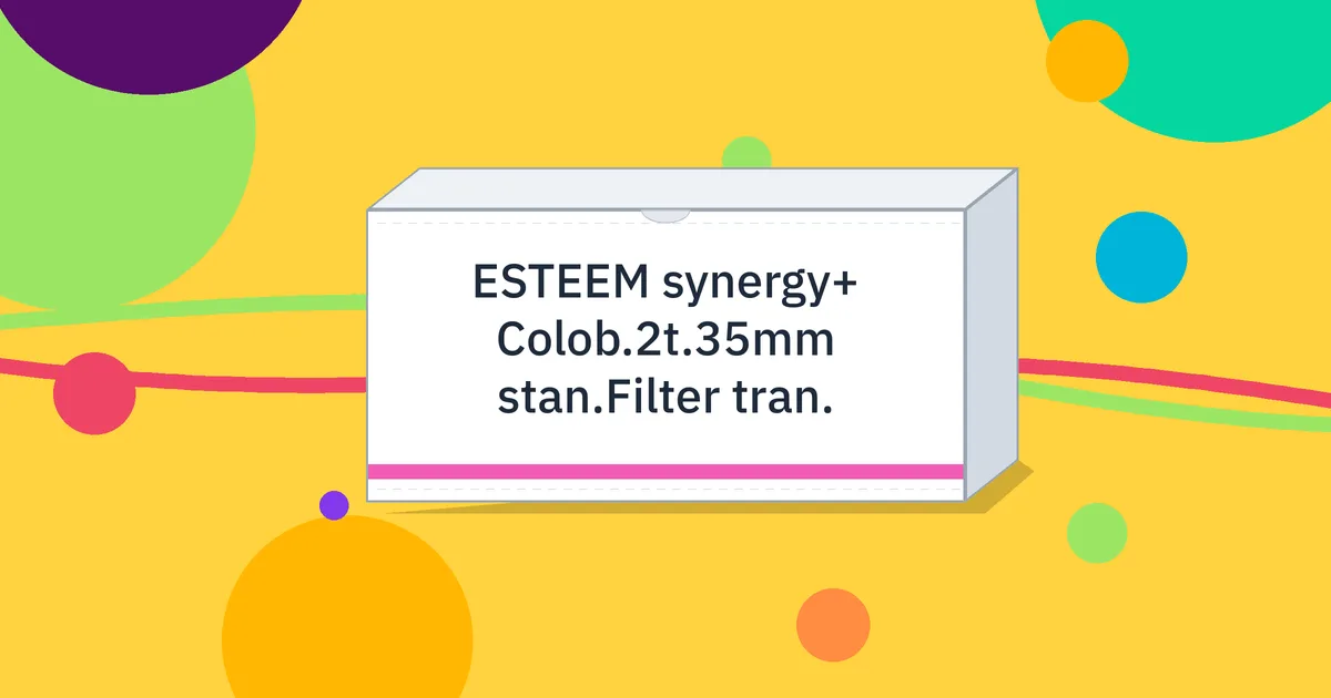 Symbolbild: Packung mit der Aufschrift ESTEEM synergy+ Colob.2t.35mm stan.Filter tran. (PZN 06461587) – Verfügbarkeit und Bezug in Apotheken in Frankfurt am Main