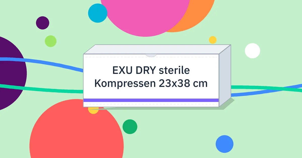 Symbolbild: Packung mit der Aufschrift EXU DRY sterile Kompressen 23x38 cm (PZN 01094003) – Verfügbarkeit und Bezug in Apotheken in Frankfurt am Main