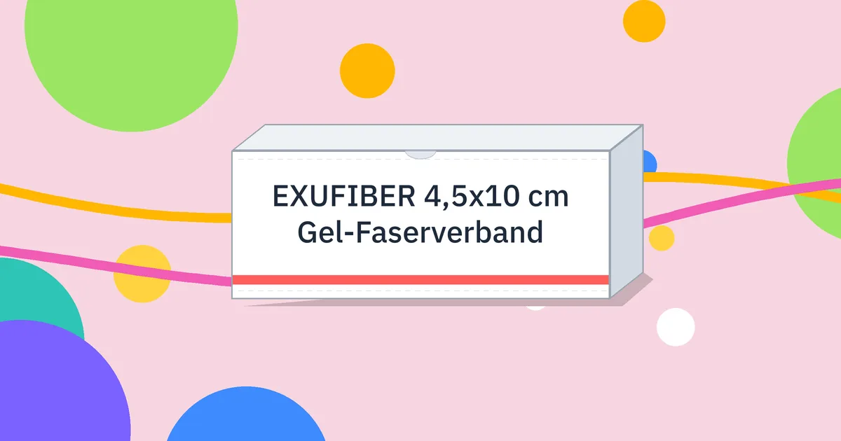 Symbolbild: Packung mit der Aufschrift EXUFIBER 4,5x10 cm Gel-Faserverband (PZN 14039336) – Verfügbarkeit und Bezug in Apotheken in Frankfurt am Main