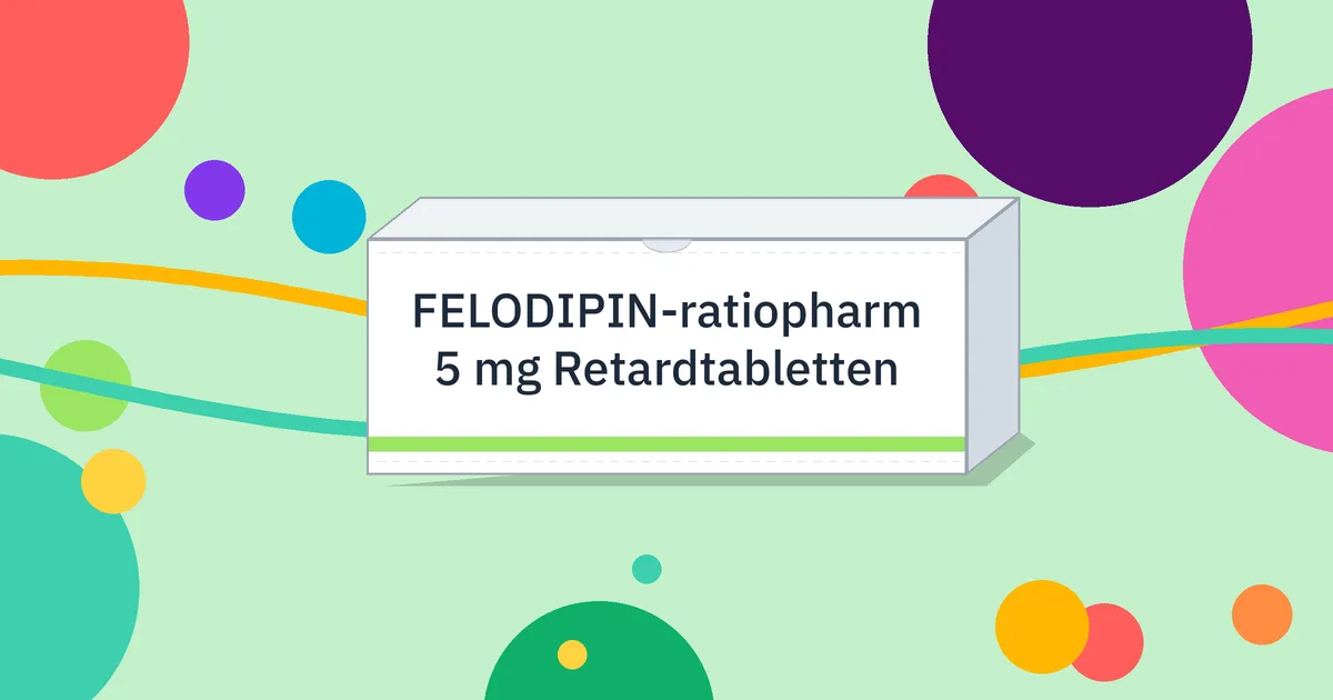 Symbolbild: Packung mit der Aufschrift FELODIPIN-ratiopharm 5 mg Retardtabletten (PZN 01414324) – Verfügbarkeit und Bezug in Apotheken in Frankfurt am Main
