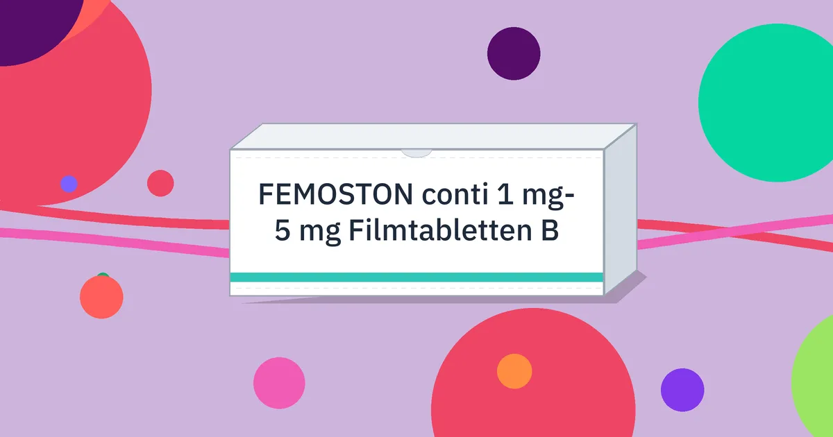 Symbolbild: Packung mit der Aufschrift FEMOSTON conti 1 mg-5 mg Filmtabletten B (PZN 12381786) – Verfügbarkeit und Bezug in Apotheken in Frankfurt am Main
