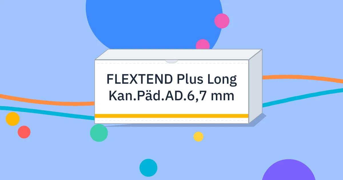 Symbolbild: Packung mit der Aufschrift FLEXTEND Plus Long Kan.Päd.AD.6,7 mm (PZN 09217149) – Verfügbarkeit und Bezug in Apotheken in Frankfurt am Main