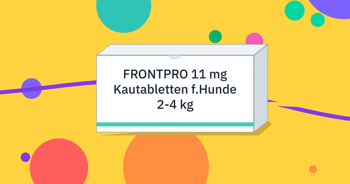 Symbolbild: Packung mit der Aufschrift FRONTPRO 11 mg Kautabletten f.Hunde 2-4 kg (PZN 18654274) – Verfügbarkeit und Bezug in Apotheken in Frankfurt am Main