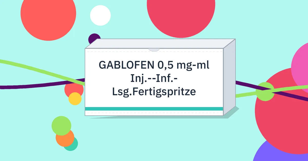Symbolbild: Packung mit der Aufschrift GABLOFEN 0,5 mg-ml Inj.--Inf.-Lsg.Fertigspritze (PZN 13882332) – Verfügbarkeit und Bezug in Apotheken in Frankfurt am Main