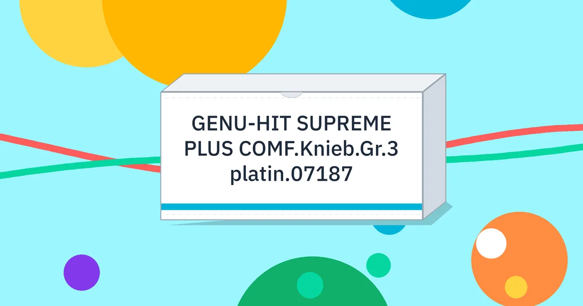 Symbolbild: Packung mit der Aufschrift GENU-HIT SUPREME PLUS COMF.Knieb.Gr.3 platin.07187 (PZN 18181404) – Verfügbarkeit und Bezug in Apotheken in Frankfurt am Main