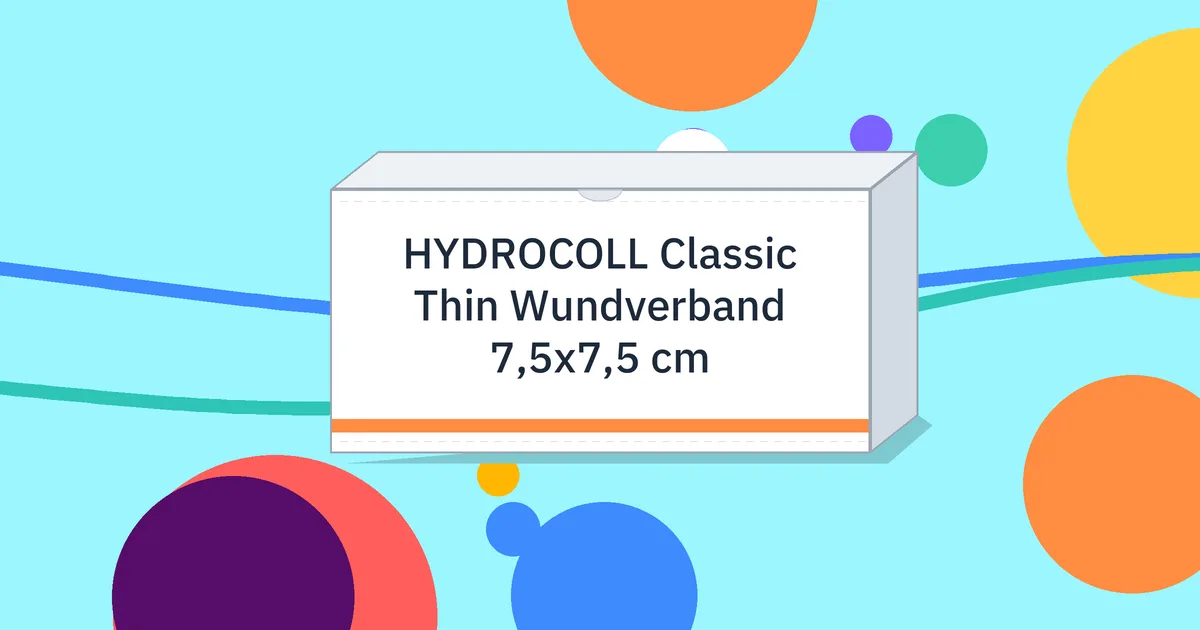 Symbolbild: Packung mit der Aufschrift HYDROCOLL Classic Thin Wundverband 7,5x7,5 cm (PZN 19412998) – Verfügbarkeit und Bezug in Apotheken in Frankfurt am Main
