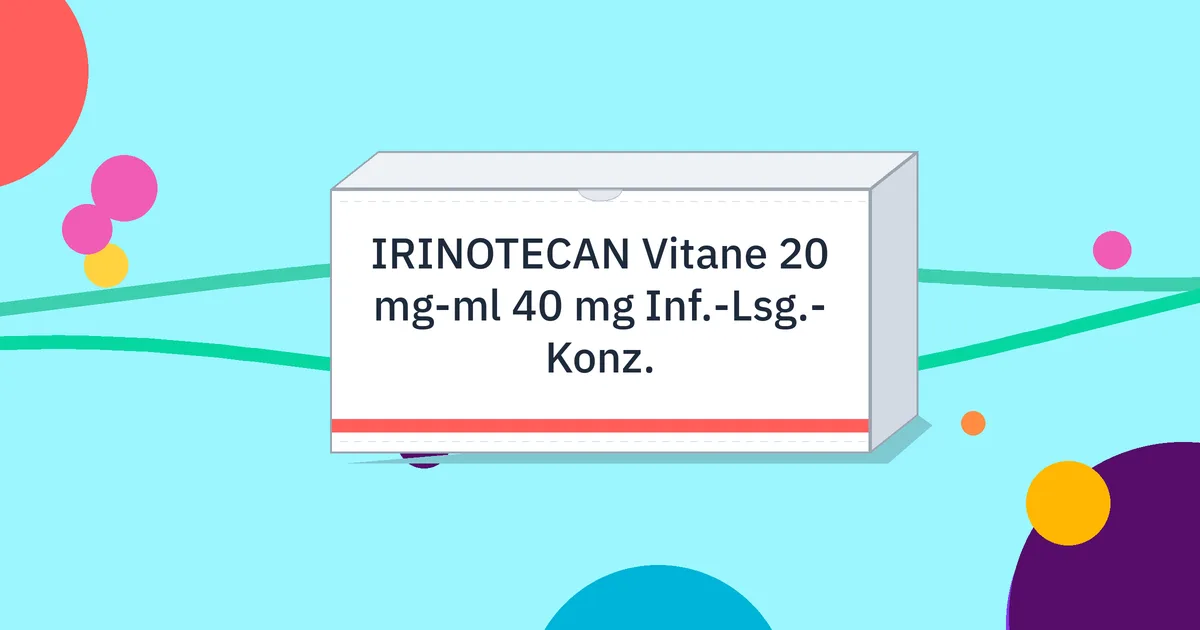 Symbolbild: Packung mit der Aufschrift IRINOTECAN Vitane 20 mg-ml 40 mg Inf.-Lsg.-Konz. (PZN 11721990) – Verfügbarkeit und Bezug in Apotheken in Frankfurt am Main