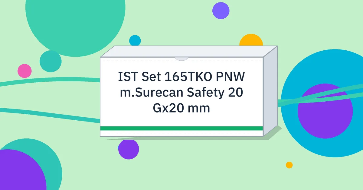 Symbolbild: Packung mit der Aufschrift IST Set 165TKO PNW m.Surecan Safety 20 Gx20 mm (PZN 13868214) – Verfügbarkeit und Bezug in Apotheken in Frankfurt am Main