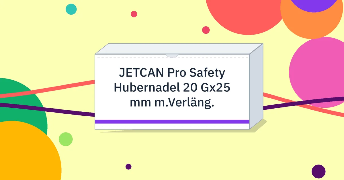 Symbolbild: Packung mit der Aufschrift JETCAN Pro Safety Hubernadel 20 Gx25 mm m.Verläng. (PZN 19238721) – Verfügbarkeit und Bezug in Apotheken in Frankfurt am Main