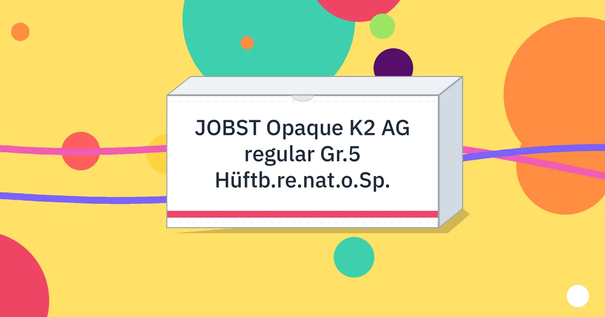 Symbolbild: Packung mit der Aufschrift JOBST Opaque K2 AG regular Gr.5 Hüftb.re.nat.o.Sp. (PZN 13117732) – Verfügbarkeit und Bezug in Apotheken in Frankfurt am Main