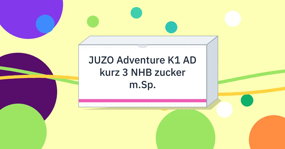 Symbolbild: Packung mit der Aufschrift JUZO Adventure K1 AD kurz 3 NHB zucker m.Sp. (PZN 16344049) – Verfügbarkeit und Bezug in Apotheken in Frankfurt am Main